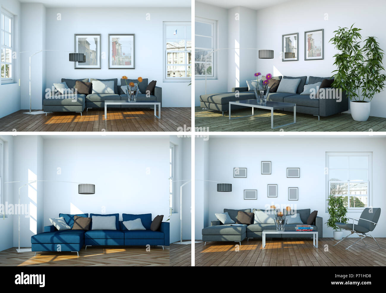 Four color variations of bright room with sofa Stock Photo - Alamy