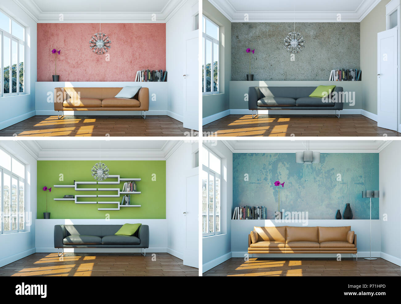Four color variations of bright room with sofa Stock Photo - Alamy