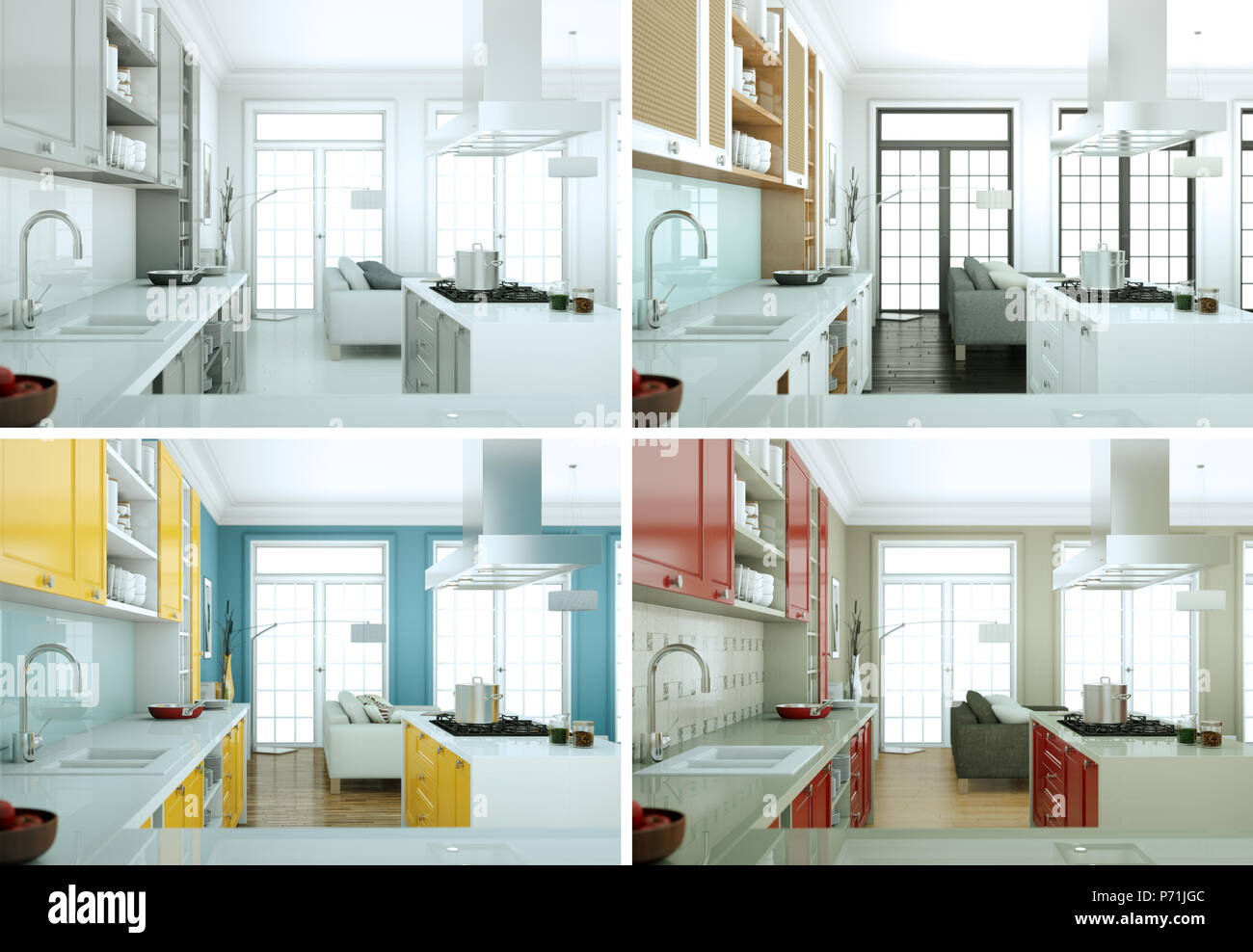 four color variations of modern kitchen with a beautiful design Stock ...