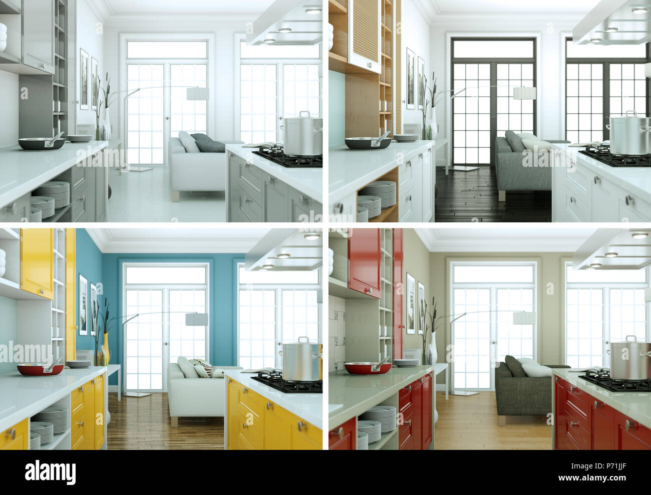 four color variations of modern kitchen with a beautiful design Stock ...