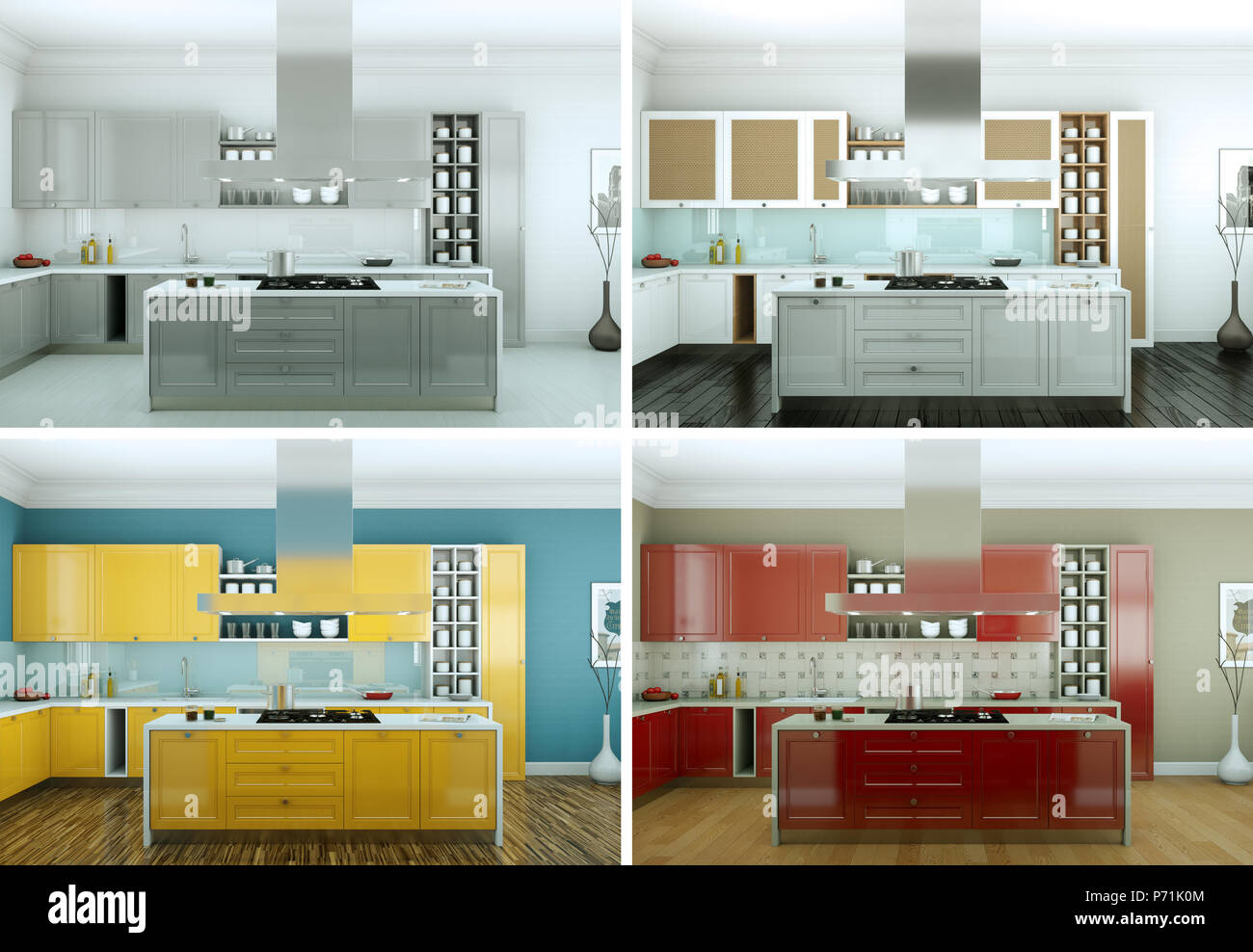 four color variations of modern kitchen with a beautiful design Stock ...