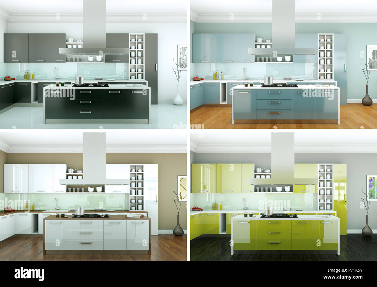 four color variations of modern kitchen with a beautiful design Stock ...