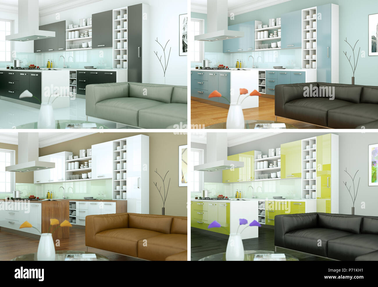 Four color variations of bright room with sofa Stock Photo - Alamy