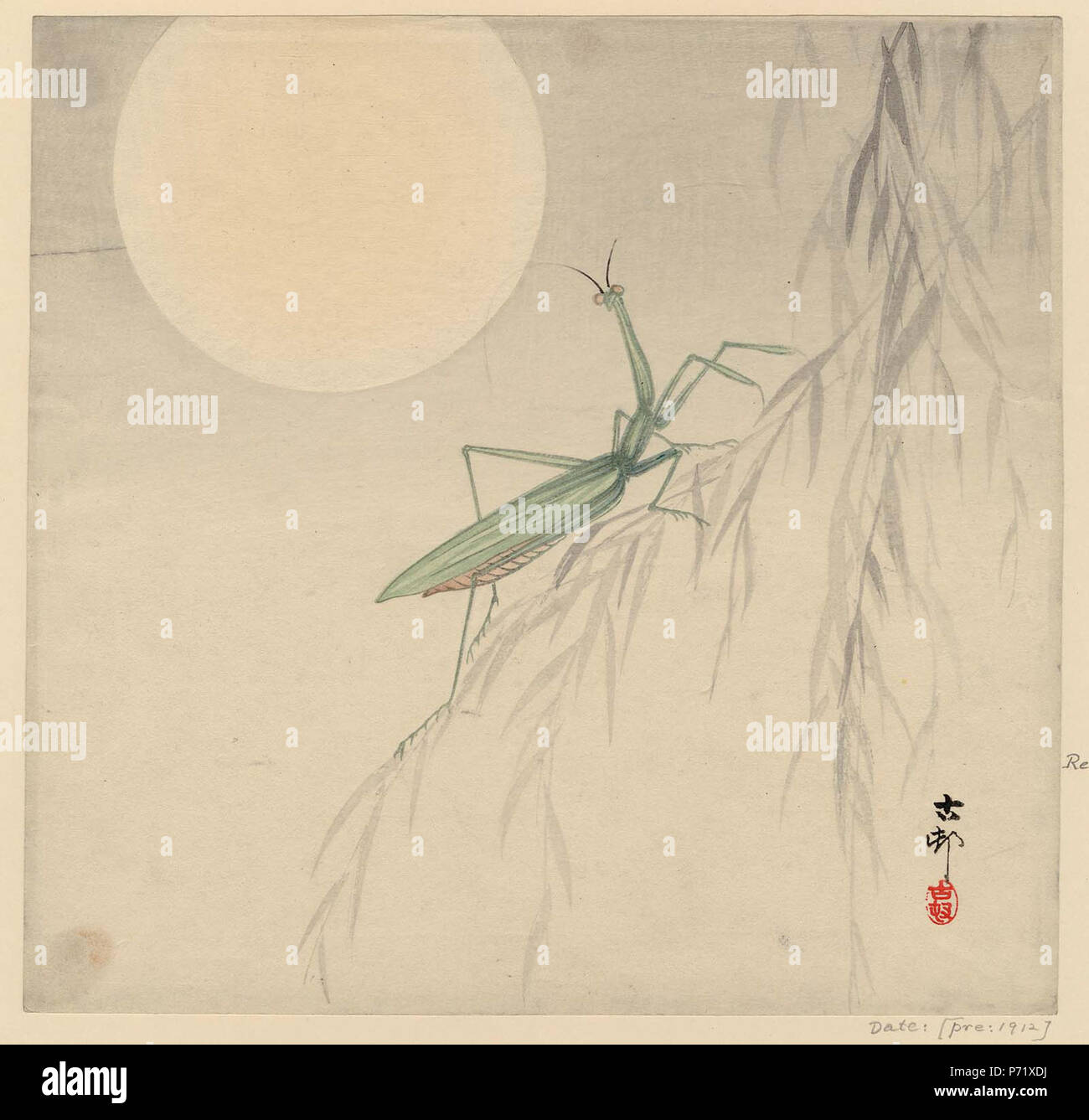 : English: Praying Mantis and Full Moon, woodblock print, ink and color ...