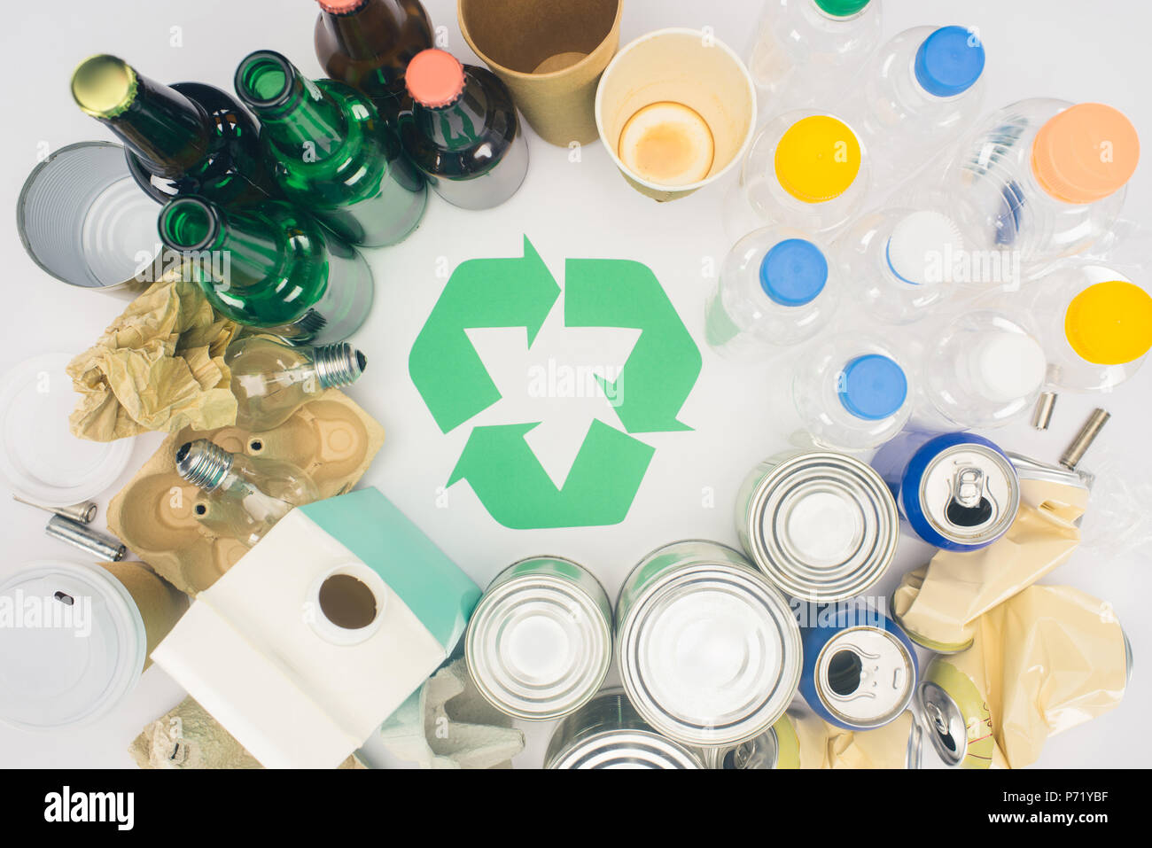 top view of different types of trash with recycle sign on white Stock ...