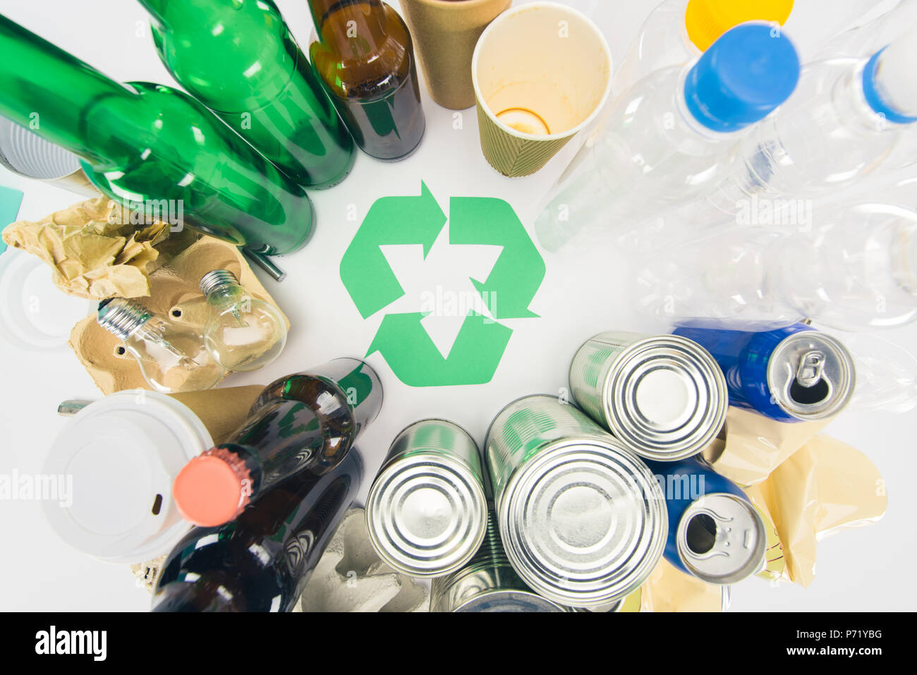 top view of various types of trash with recycle sign on white Stock ...