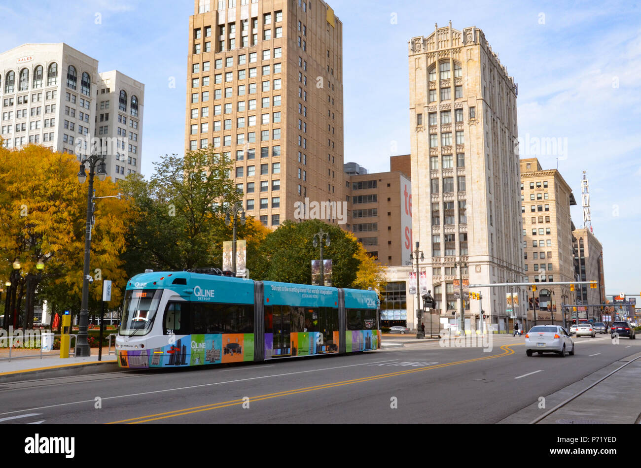 DETROIT, MI / USA - OCTOBER 21, 2017: Detroit’s QLine, shown here, runs ...