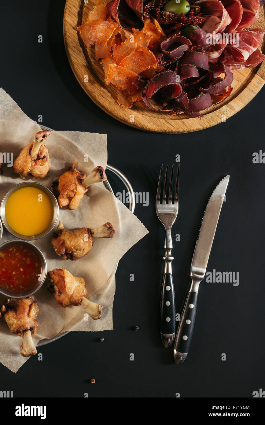 delicious roasted chicken with various sauces, gourmet assorted meat ...