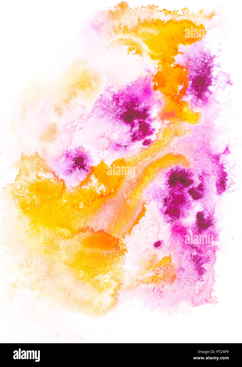 Abstract painting with orange and purple paint blots and strokes on ...