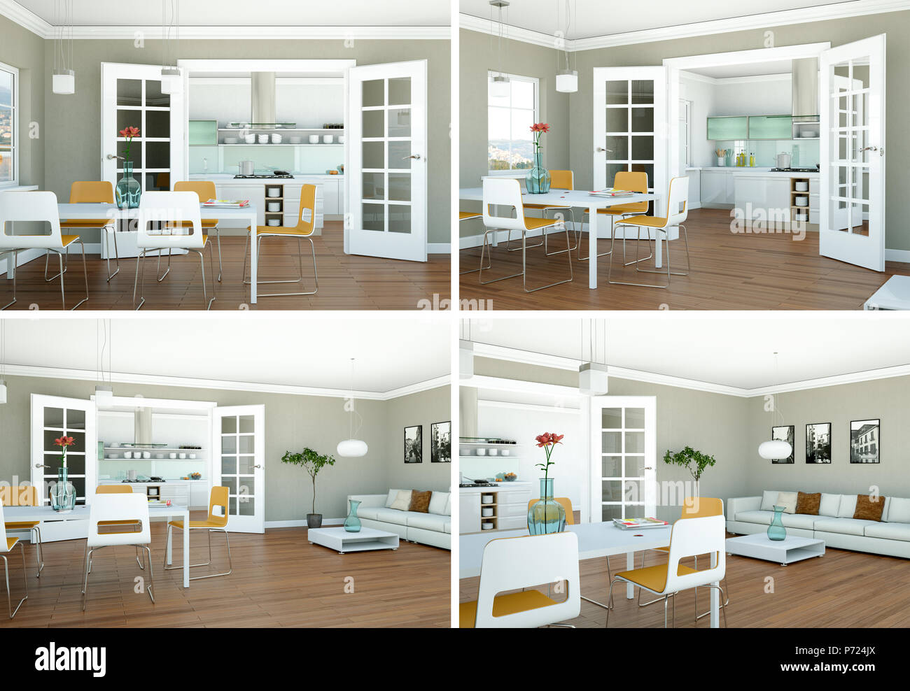 Four views of modern interior loft design Stock Photo - Alamy