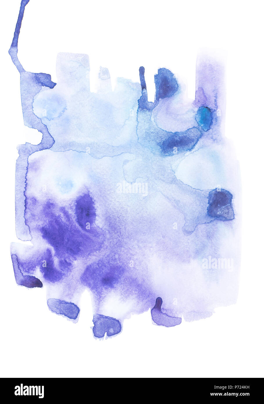 Abstract painting with blue watercolor paint blots and strokes on white ...