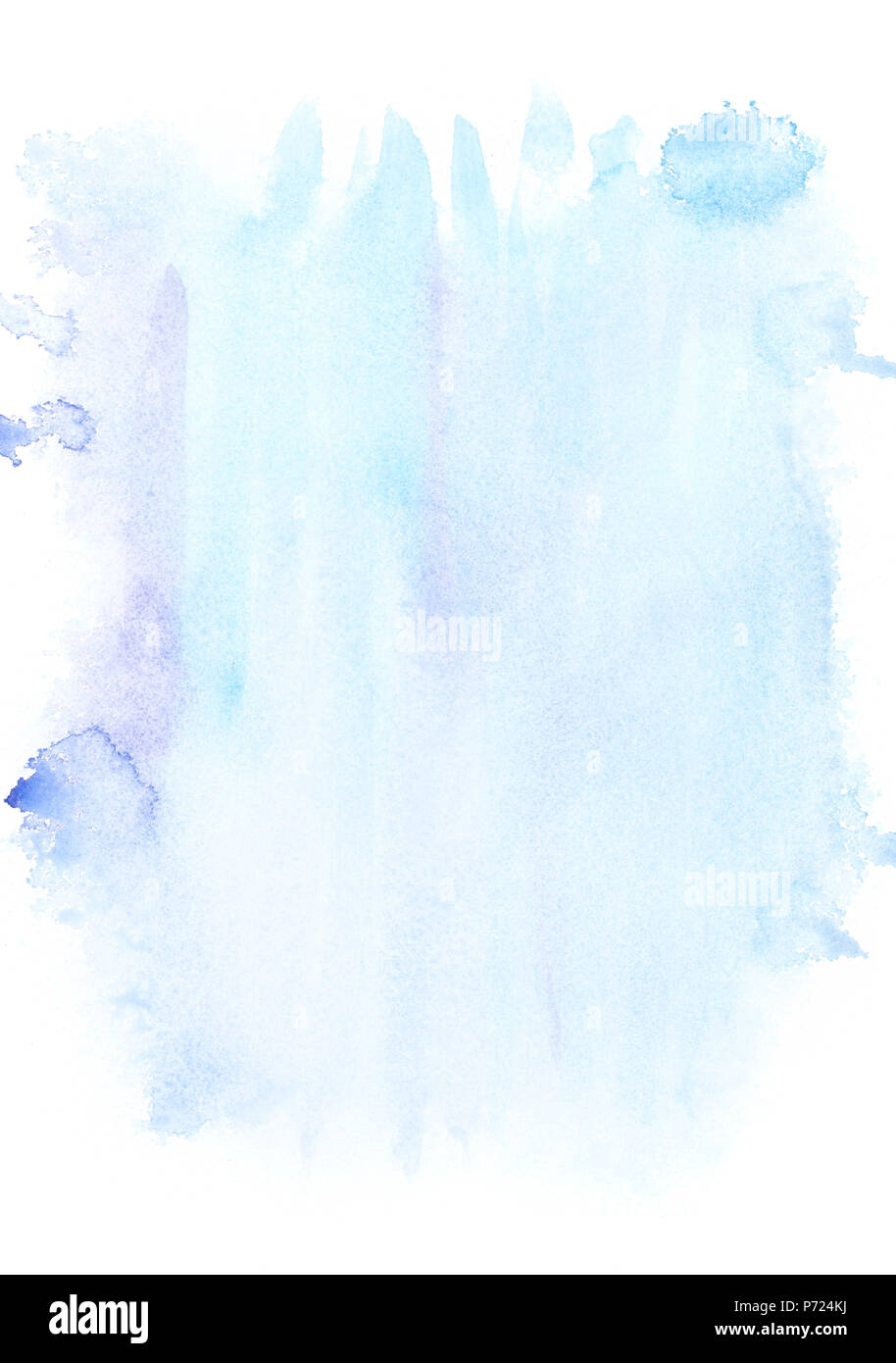 Abstract painting with light blue paint blots and strokes on white ...