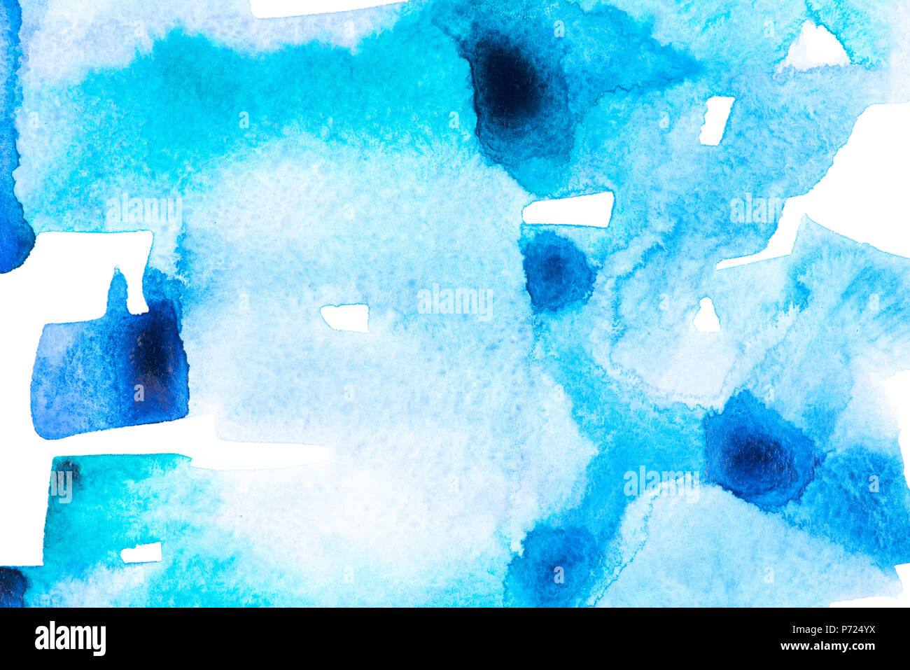 Abstract painting with dark and light blue paint blots on white Stock ...