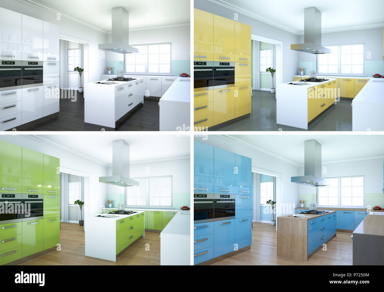 four color variations of modern kitchen with a beautiful design Stock ...