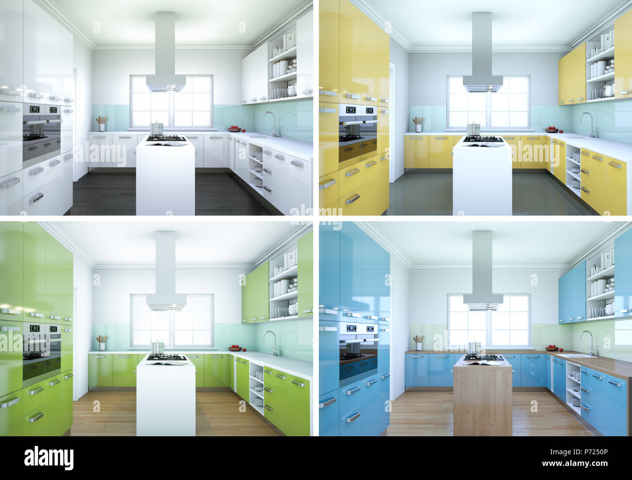 four color variations of modern kitchen with a beautiful design Stock ...