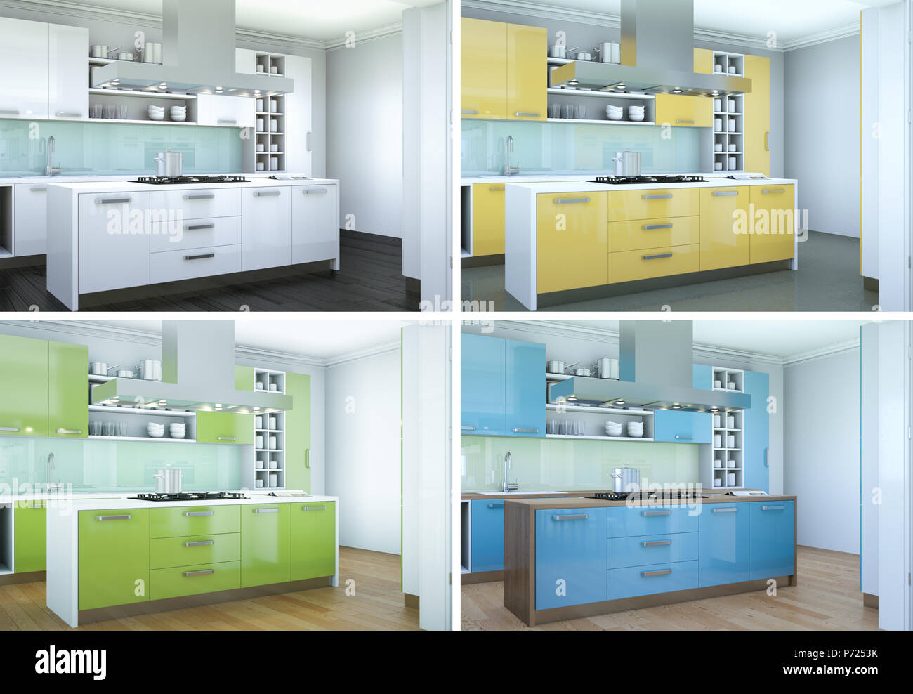 four color variations of modern kitchen with a beautiful design Stock ...