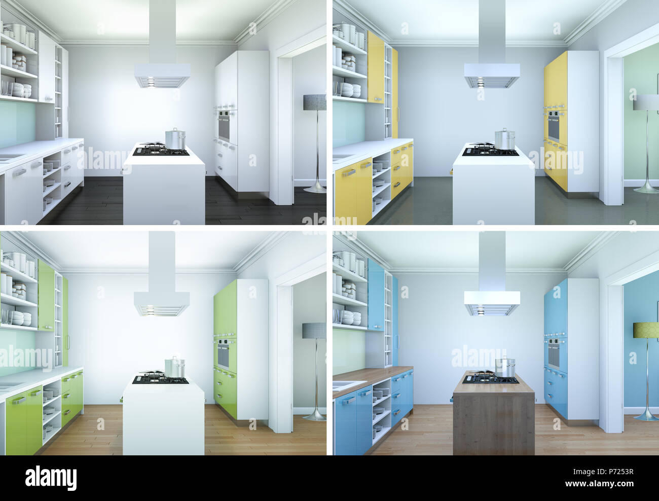 four color variations of modern kitchen with a beautiful design Stock ...