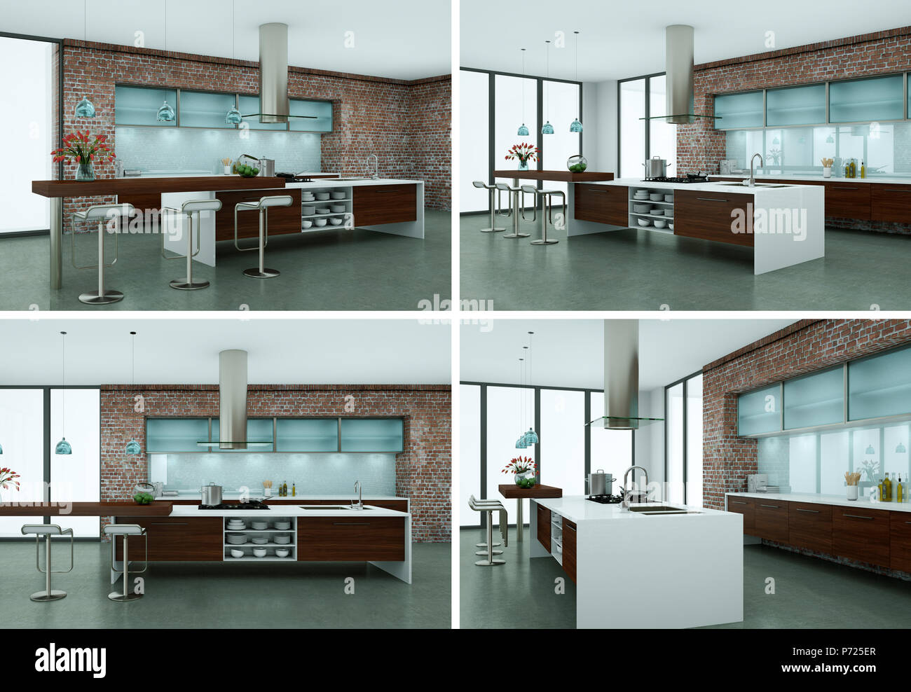 four views of modern kitchen with a beautiful design Stock Photo - Alamy