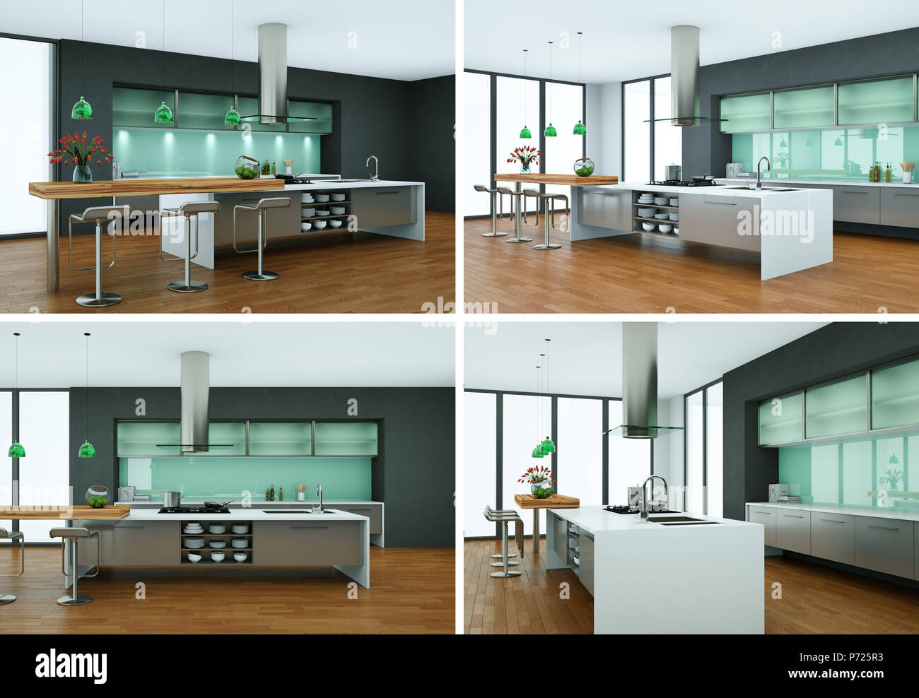 four views of modern kitchen with a beautiful design Stock Photo - Alamy