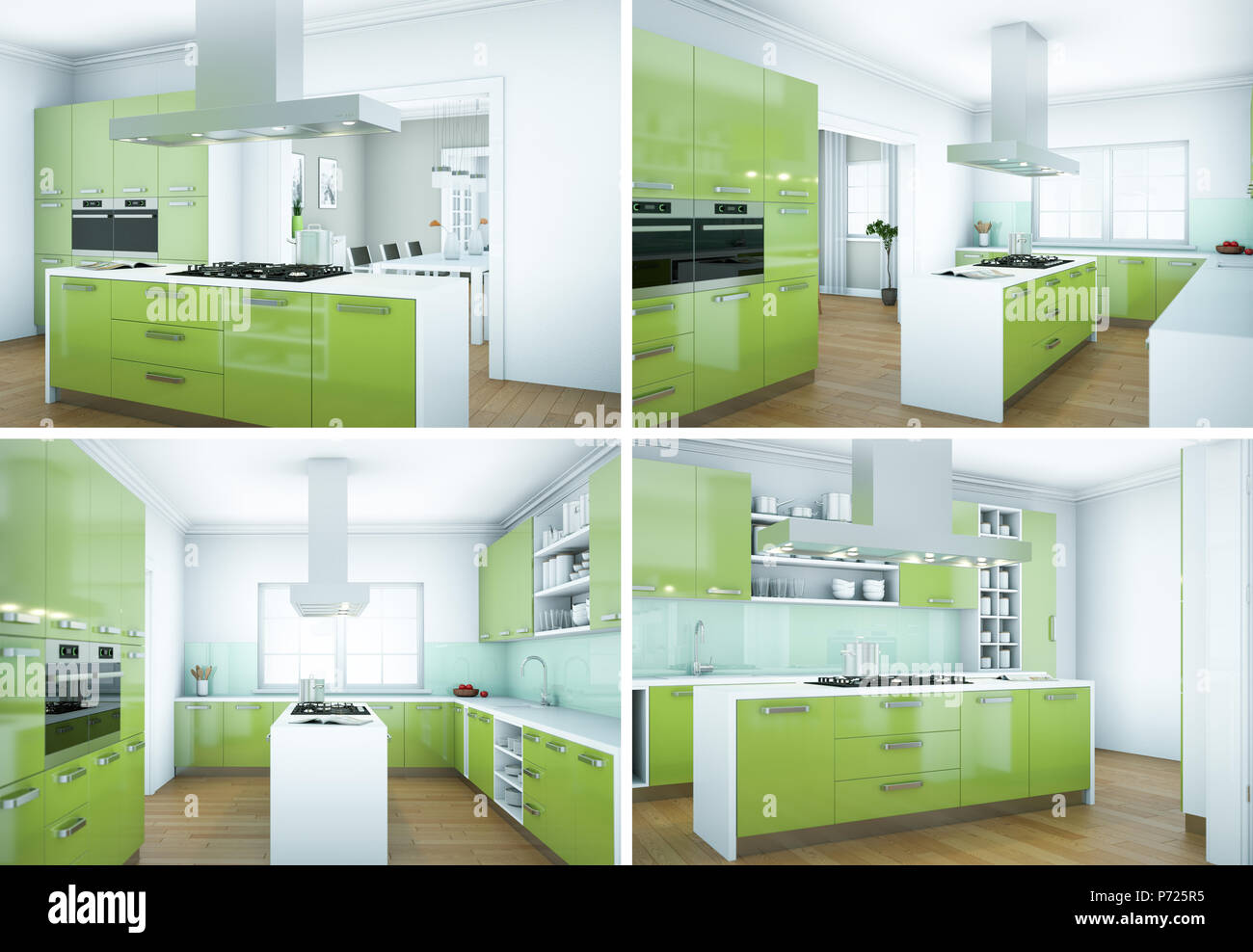 four views of modern kitchen with a beautiful design Stock Photo - Alamy