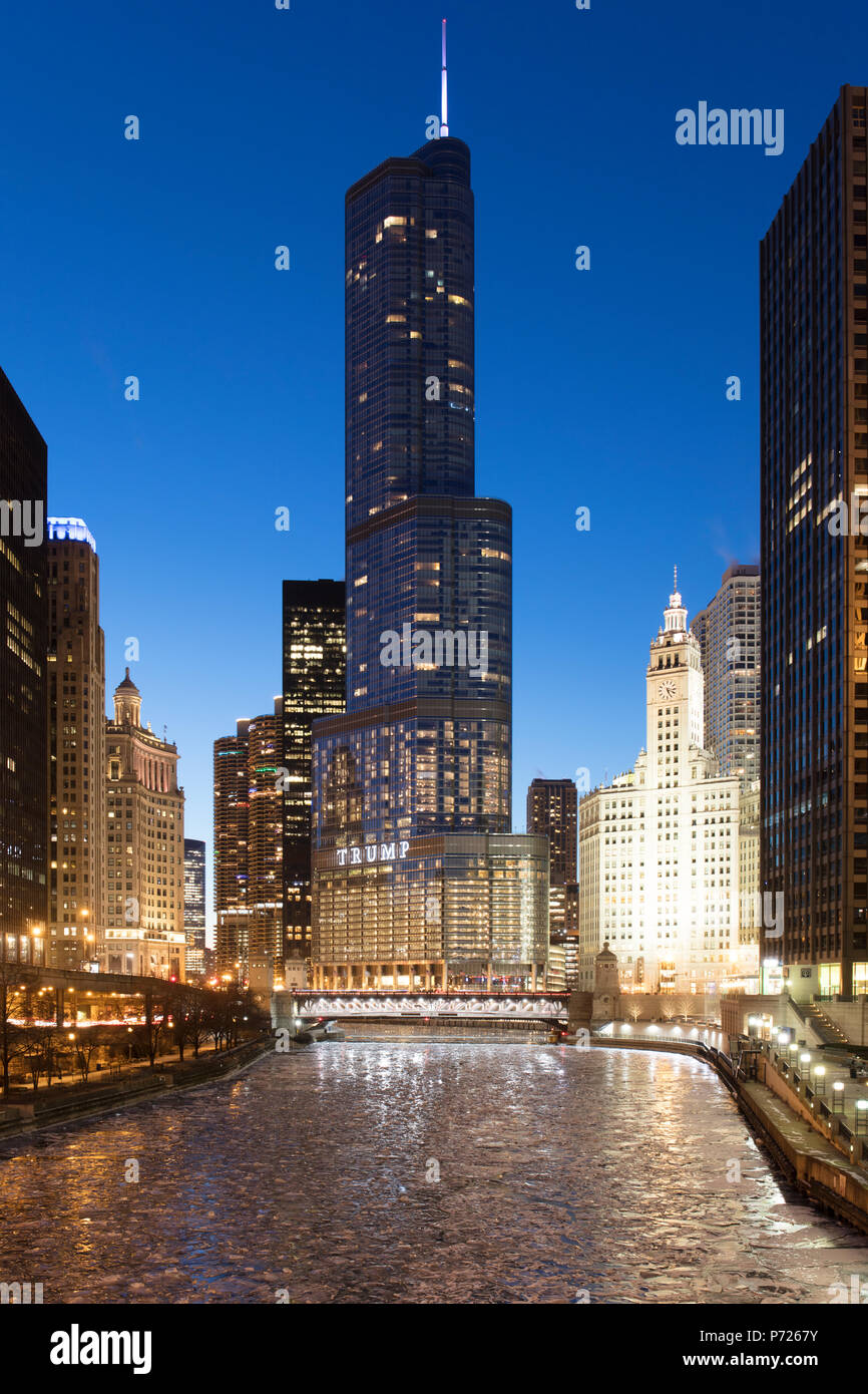 Trump Tower and The Wrigley Building at dusk, overlooking a frozen ...