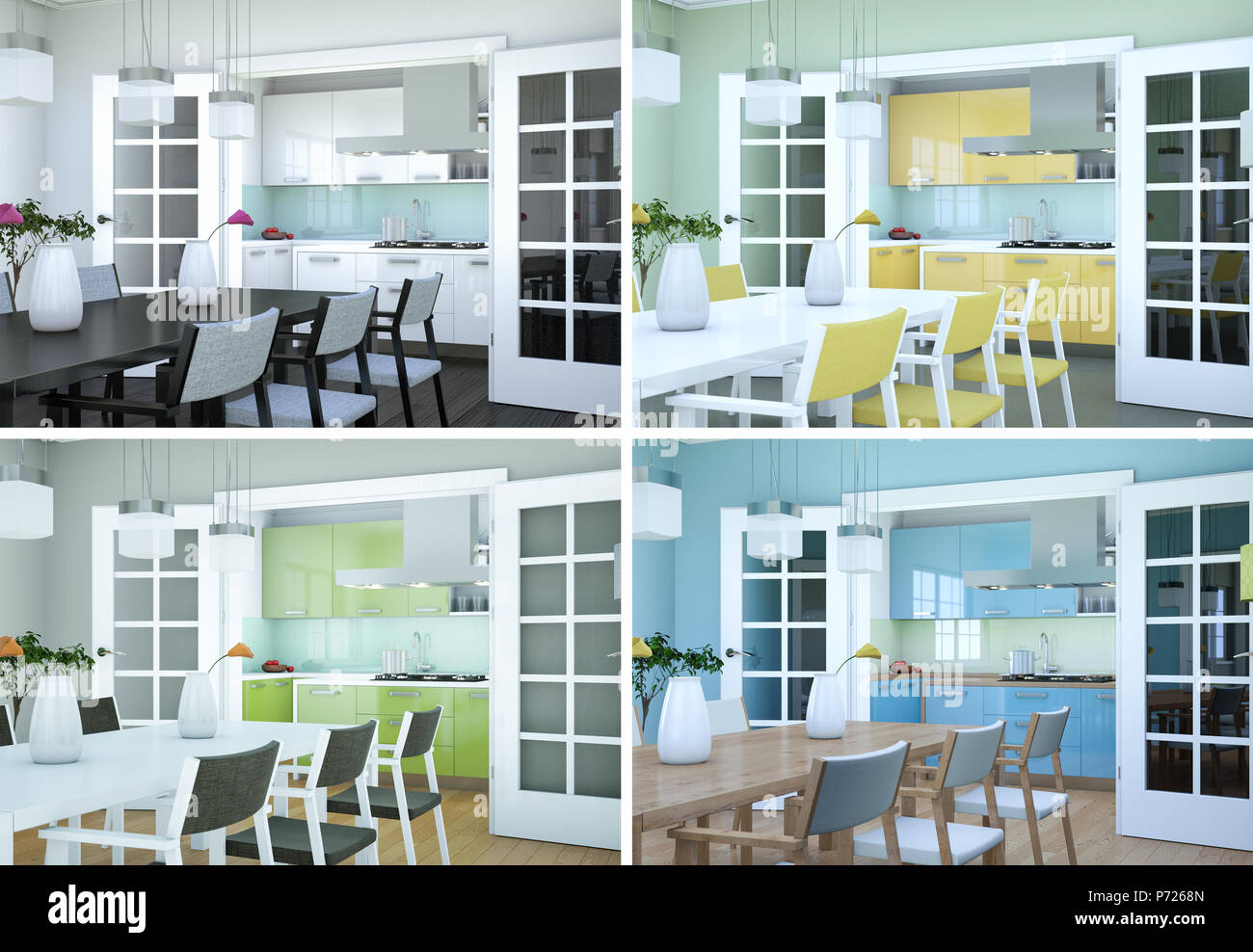 Four color variations of dining room interior design in modern ...
