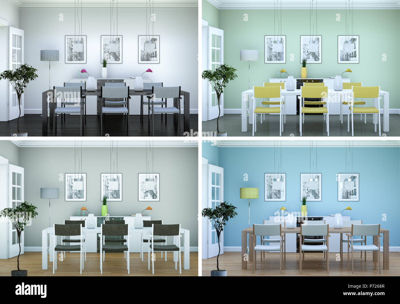 Four color variations of dining room interior design in modern ...