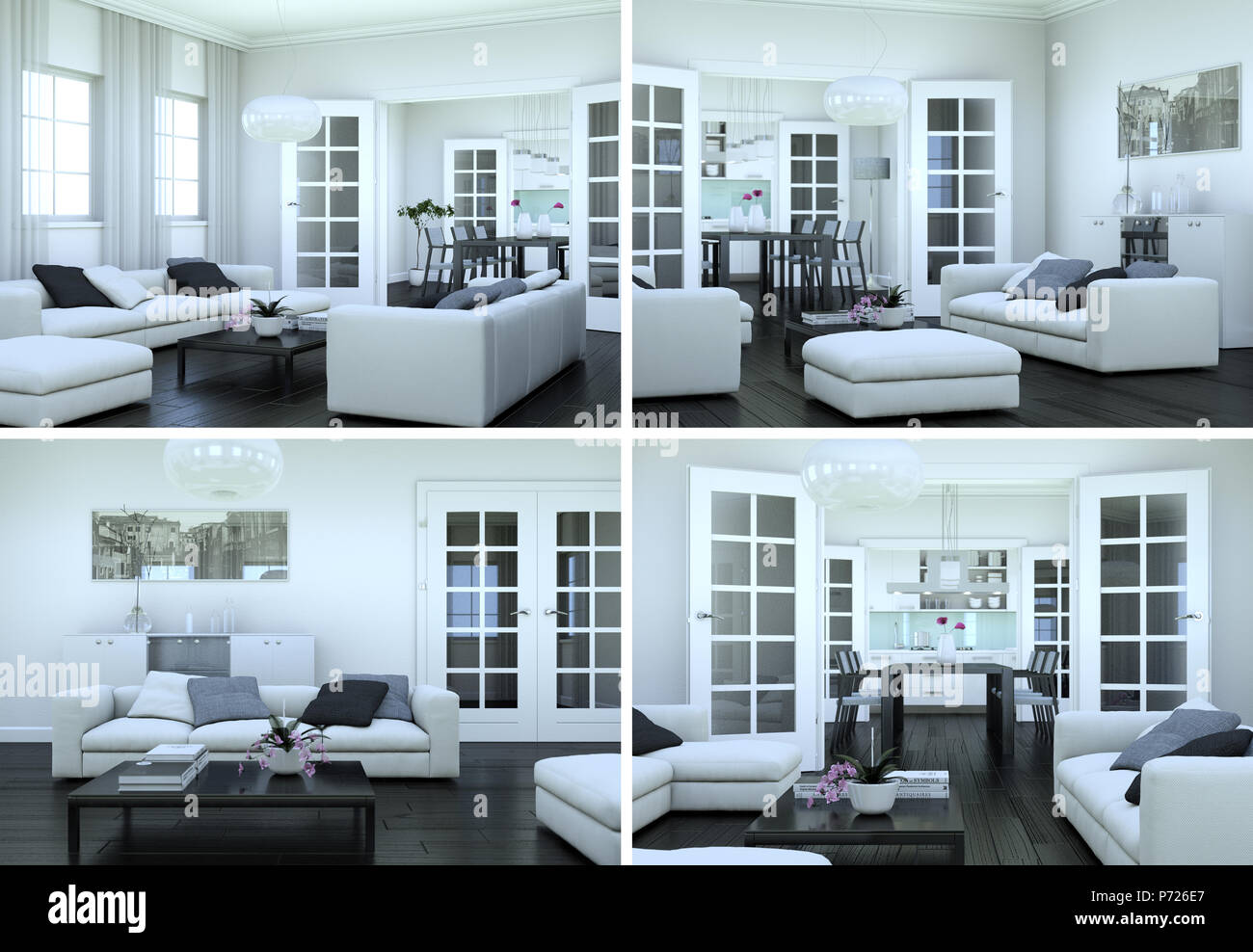 Four views of modern interior loft design Stock Photo - Alamy