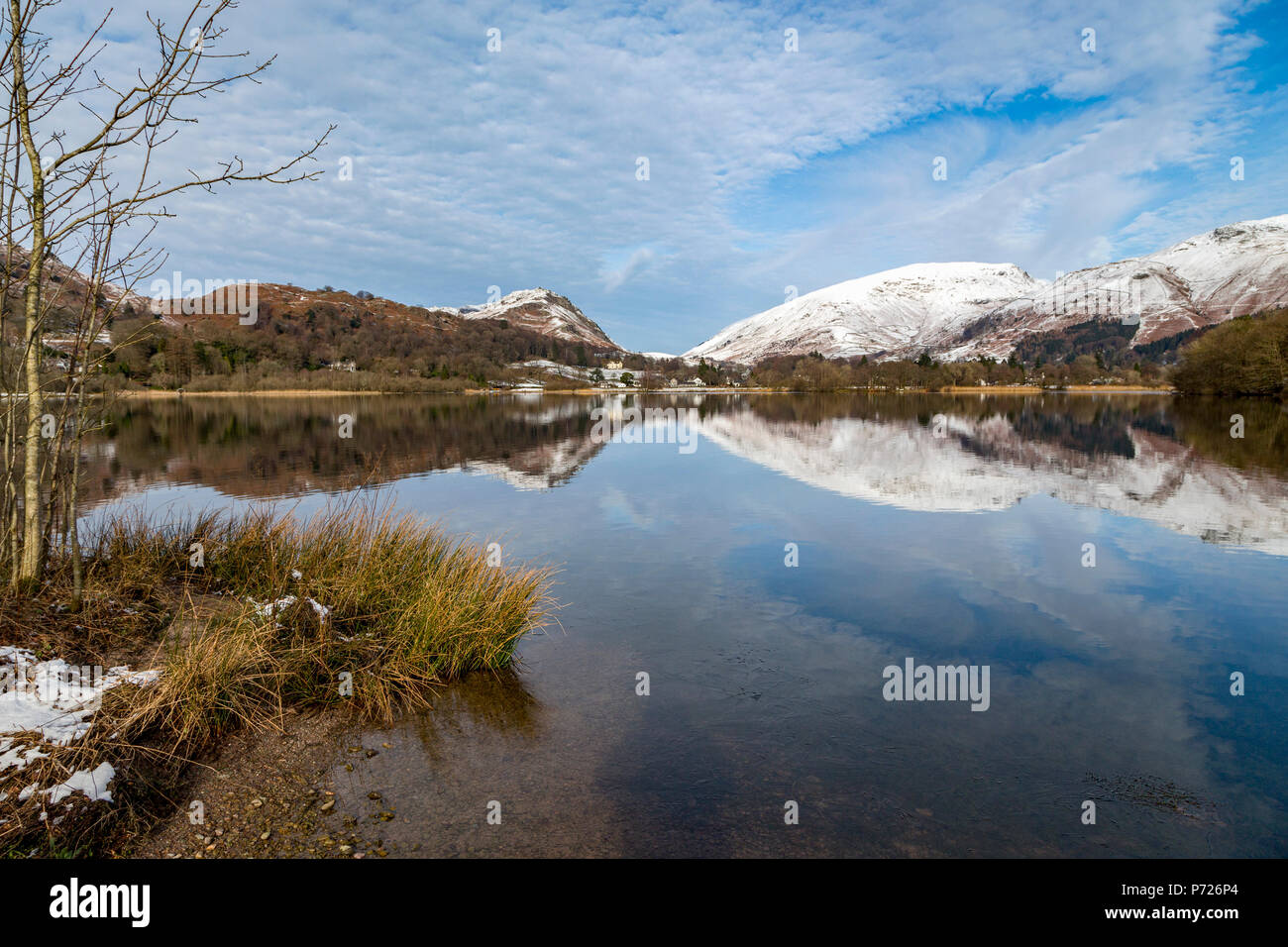 Shoreline and perfect of snow covered mountains and sky in the still ...