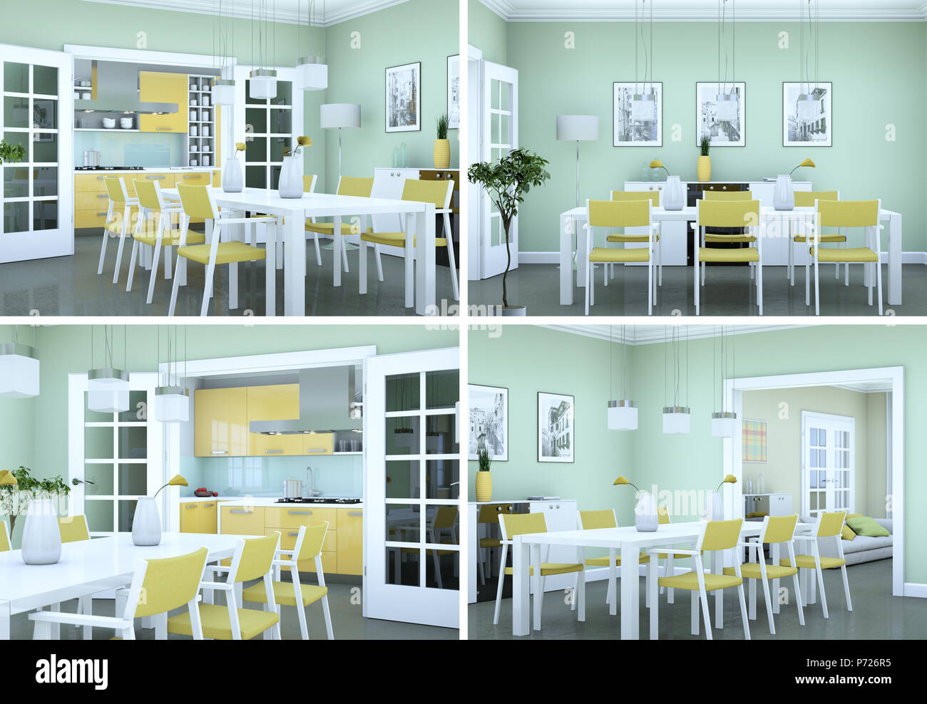 Four views of modern interior loft design Stock Photo - Alamy