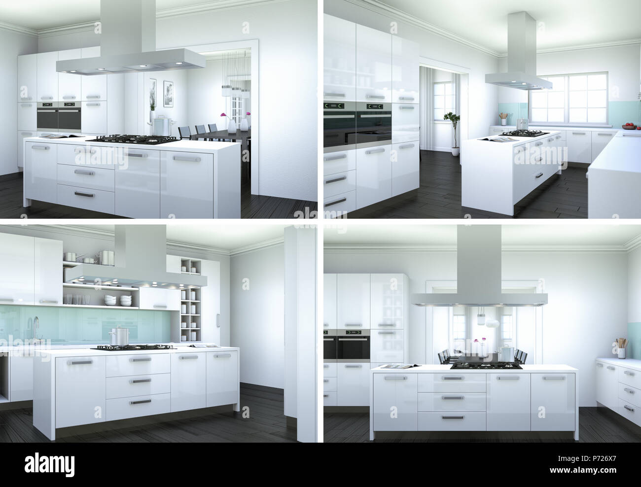 four views of modern kitchen with a beautiful design Stock Photo - Alamy