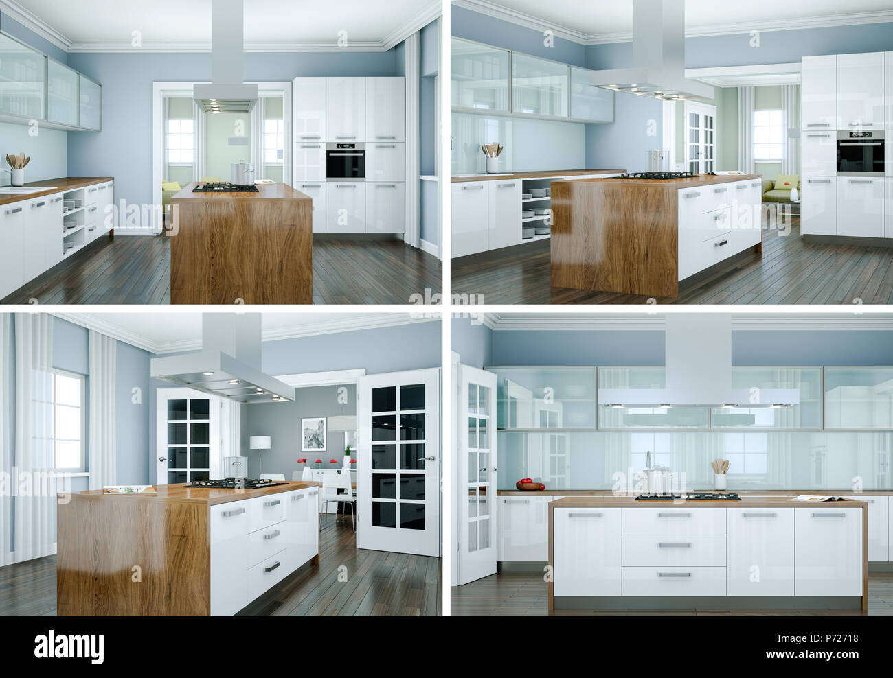 four views of modern kitchen with a beautiful design Stock Photo - Alamy