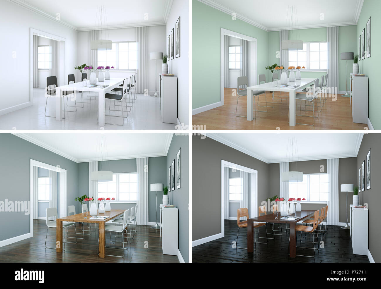 Four color variations of dining room interior design in modern ...