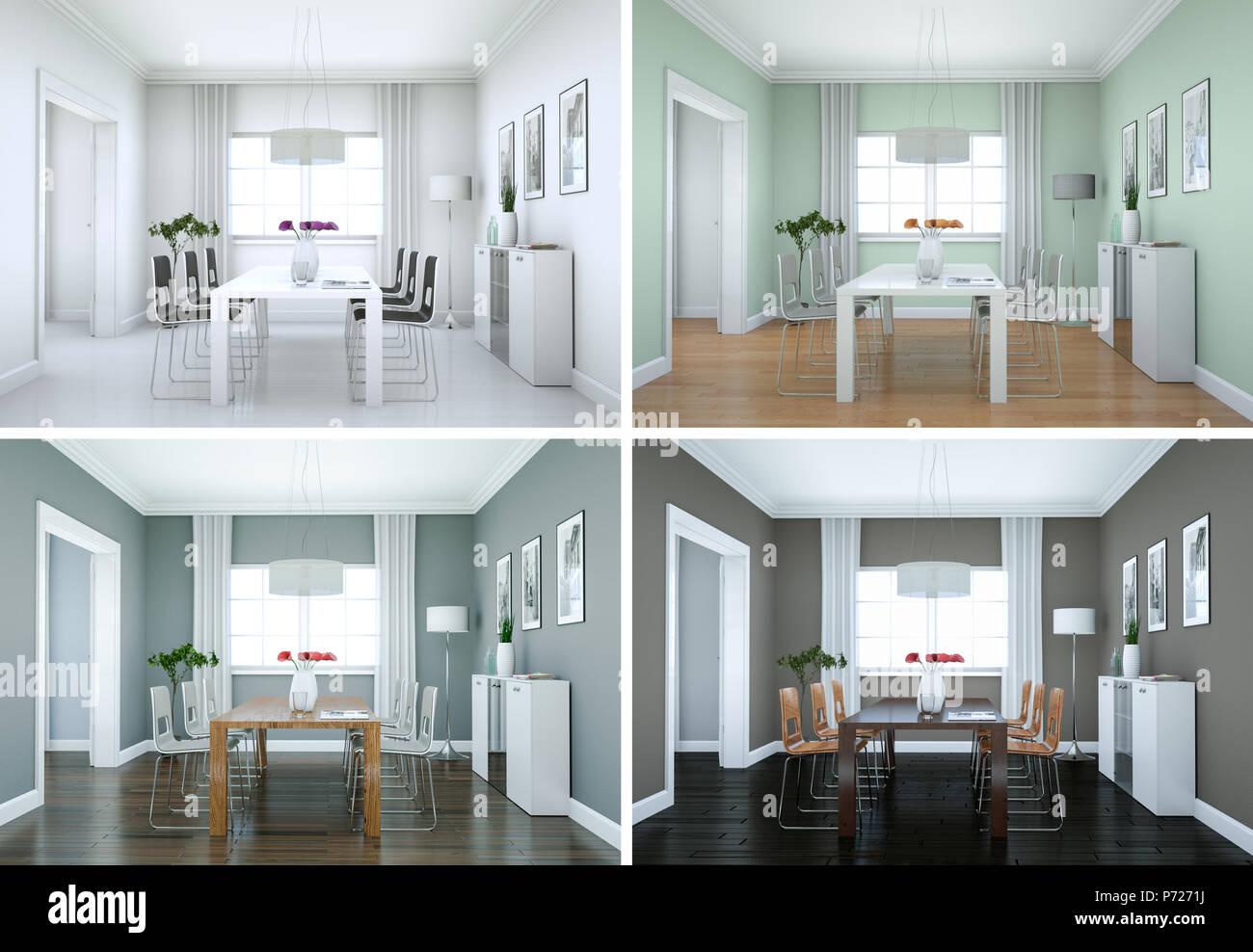 Four color variations of dining room interior design in modern ...