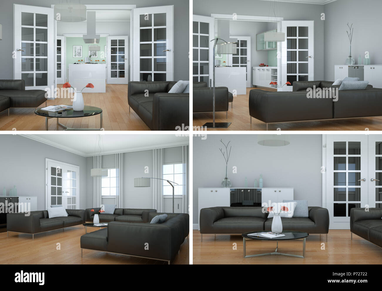 Four views of modern interior loft design Stock Photo - Alamy