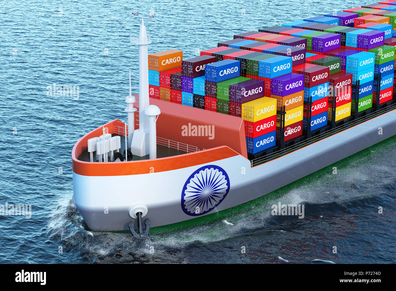 Indian freighter ship with cargo containers sailing in ocean, 3D ...