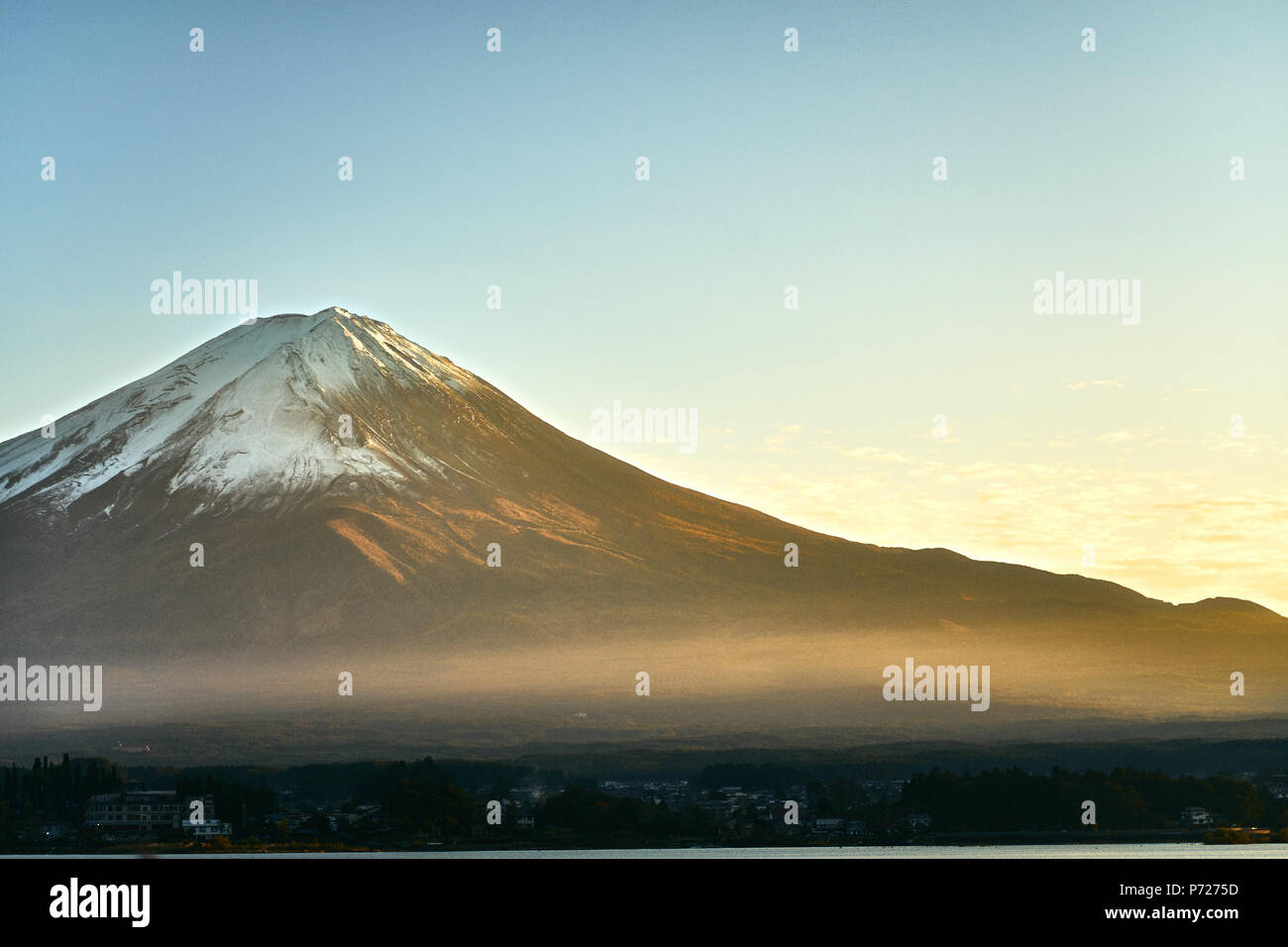 Mount Fuji with a clear blue sky at sunset, UNESCO World Heritage Site ...