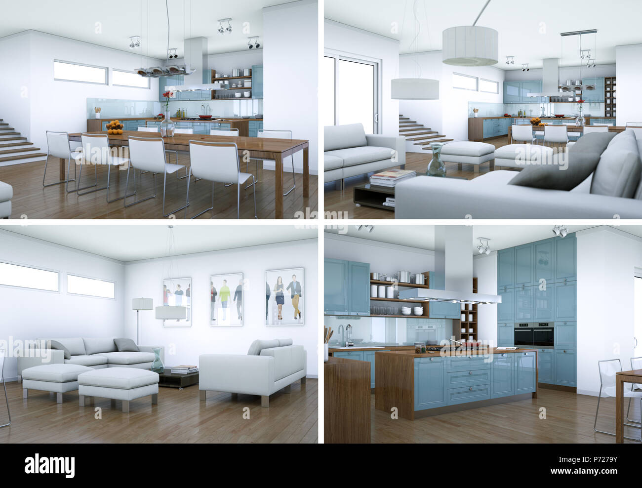 Four views of modern interior loft design Stock Photo - Alamy