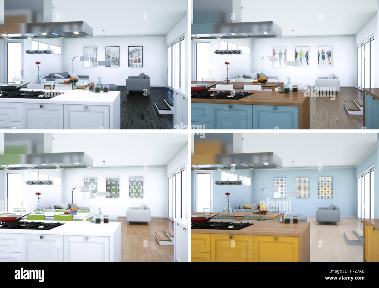 four color variations of modern kitchen with a beautiful design Stock ...