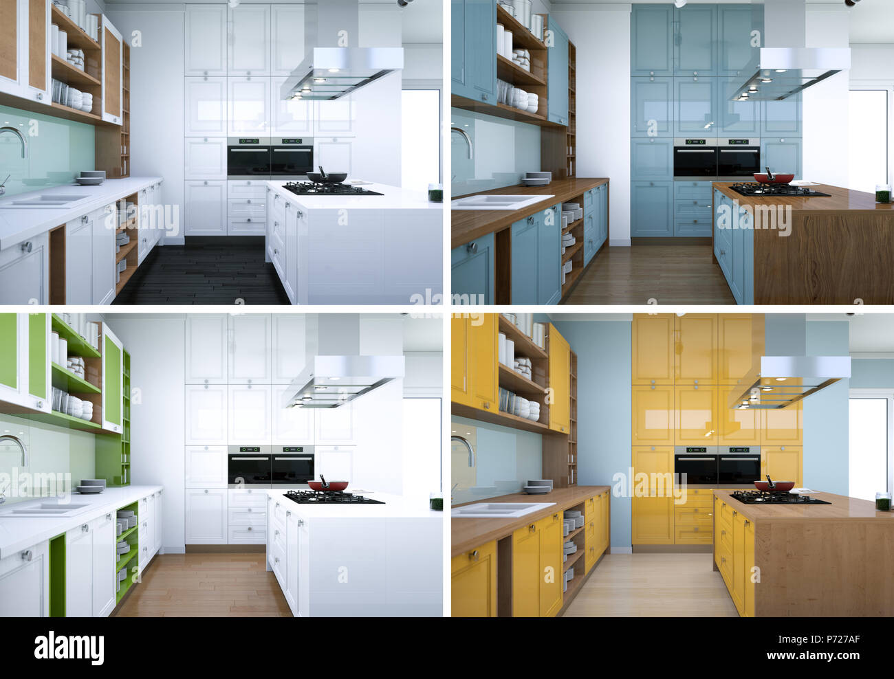 four color variations of modern kitchen with a beautiful design Stock ...