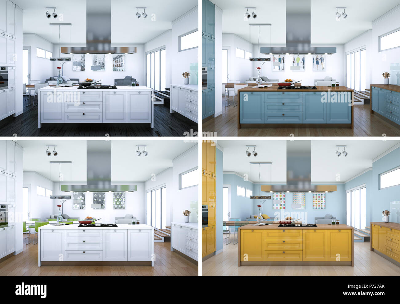 four color variations of modern kitchen with a beautiful design Stock ...