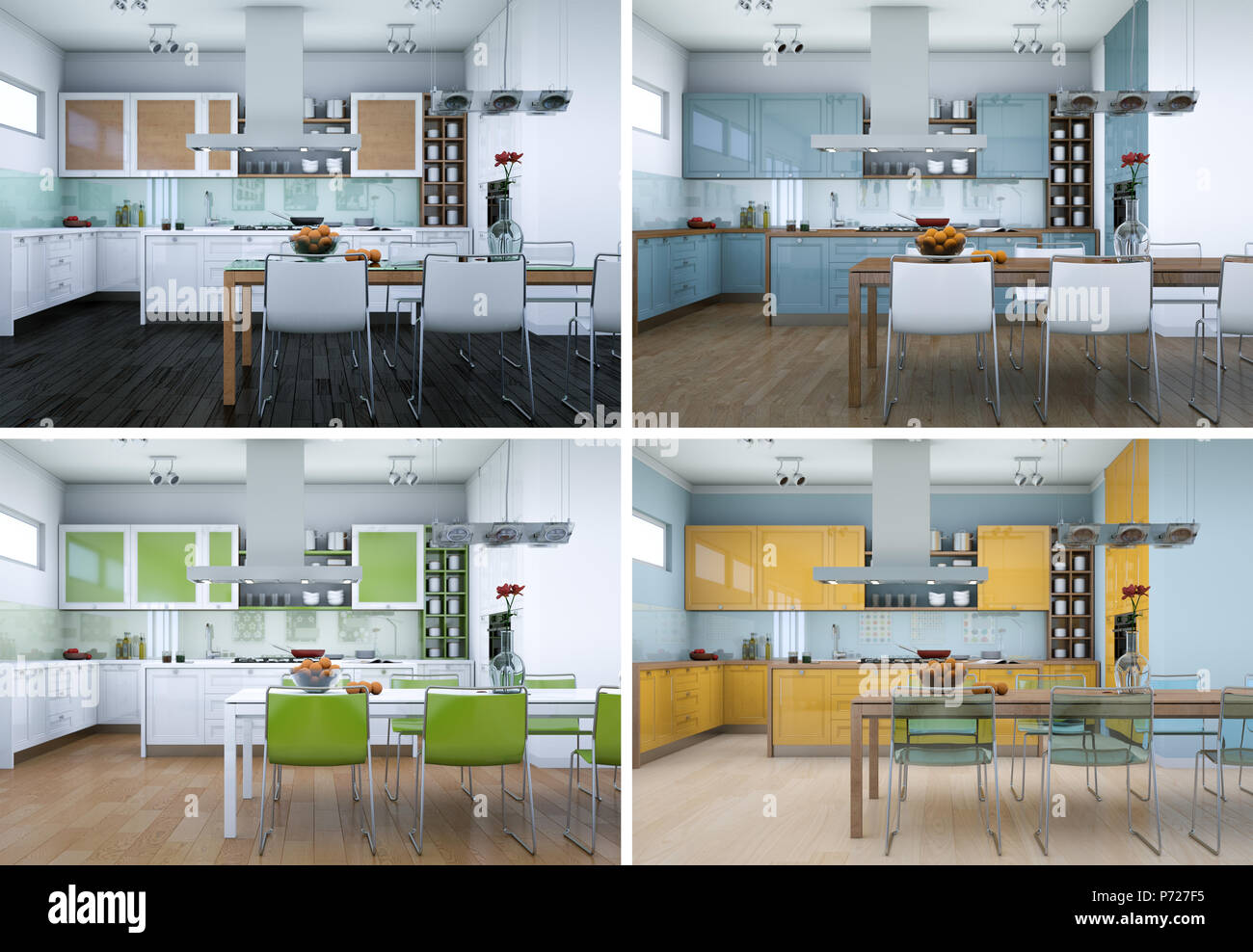 four color variations of modern kitchen with a beautiful design Stock ...