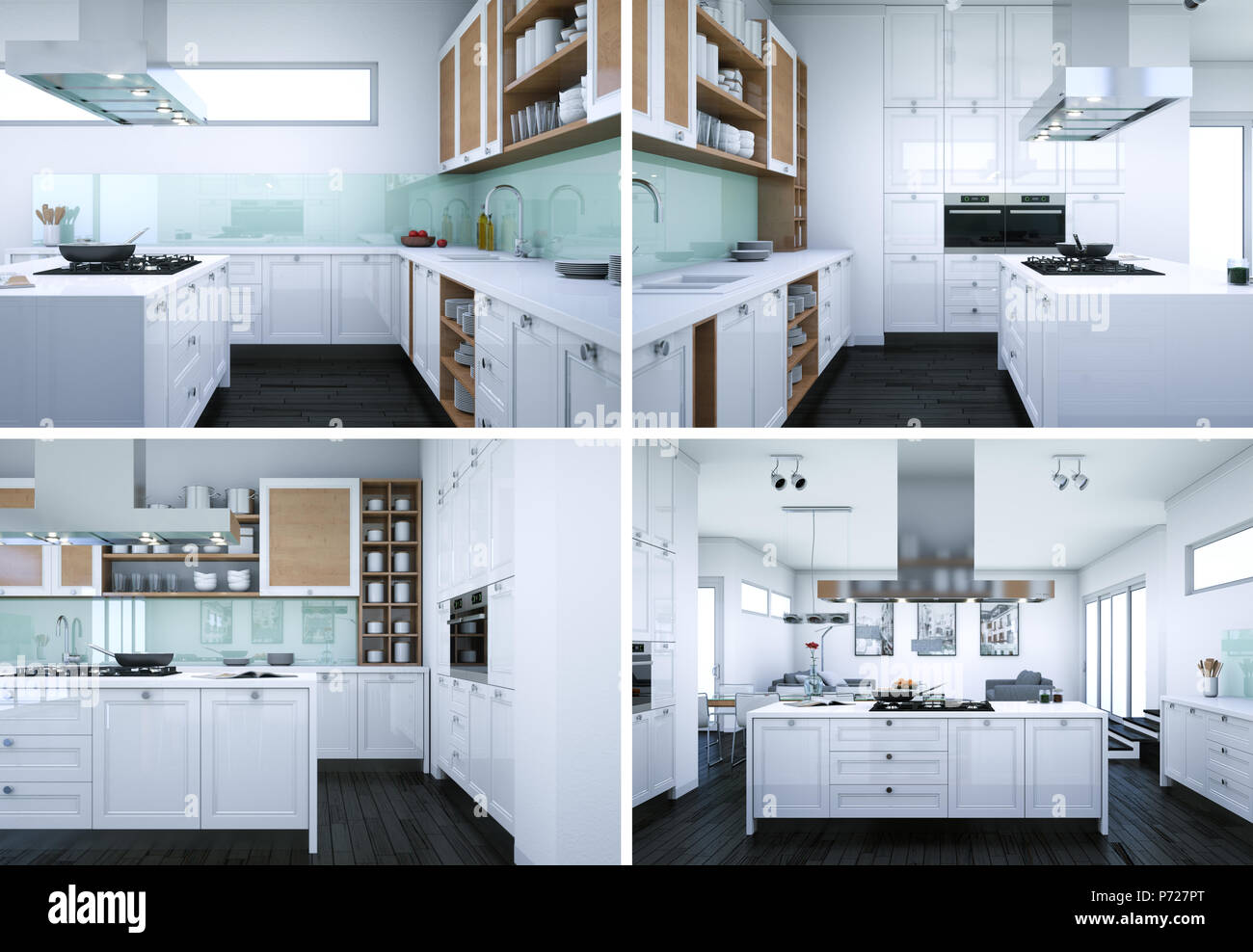 four views of modern kitchen with a beautiful design Stock Photo - Alamy