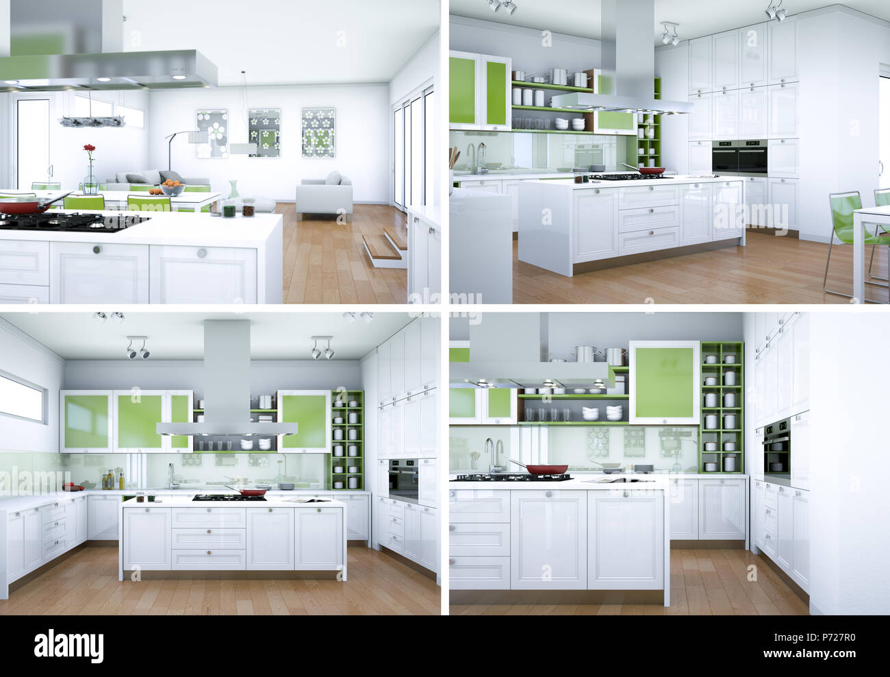 four views of modern kitchen with a beautiful design Stock Photo - Alamy