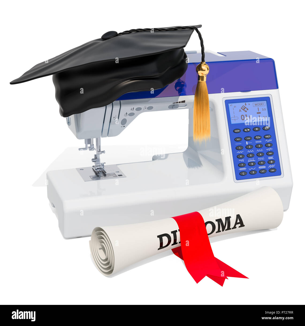 Sewing courses concept, sewing machine with graduation cap and diploma ...