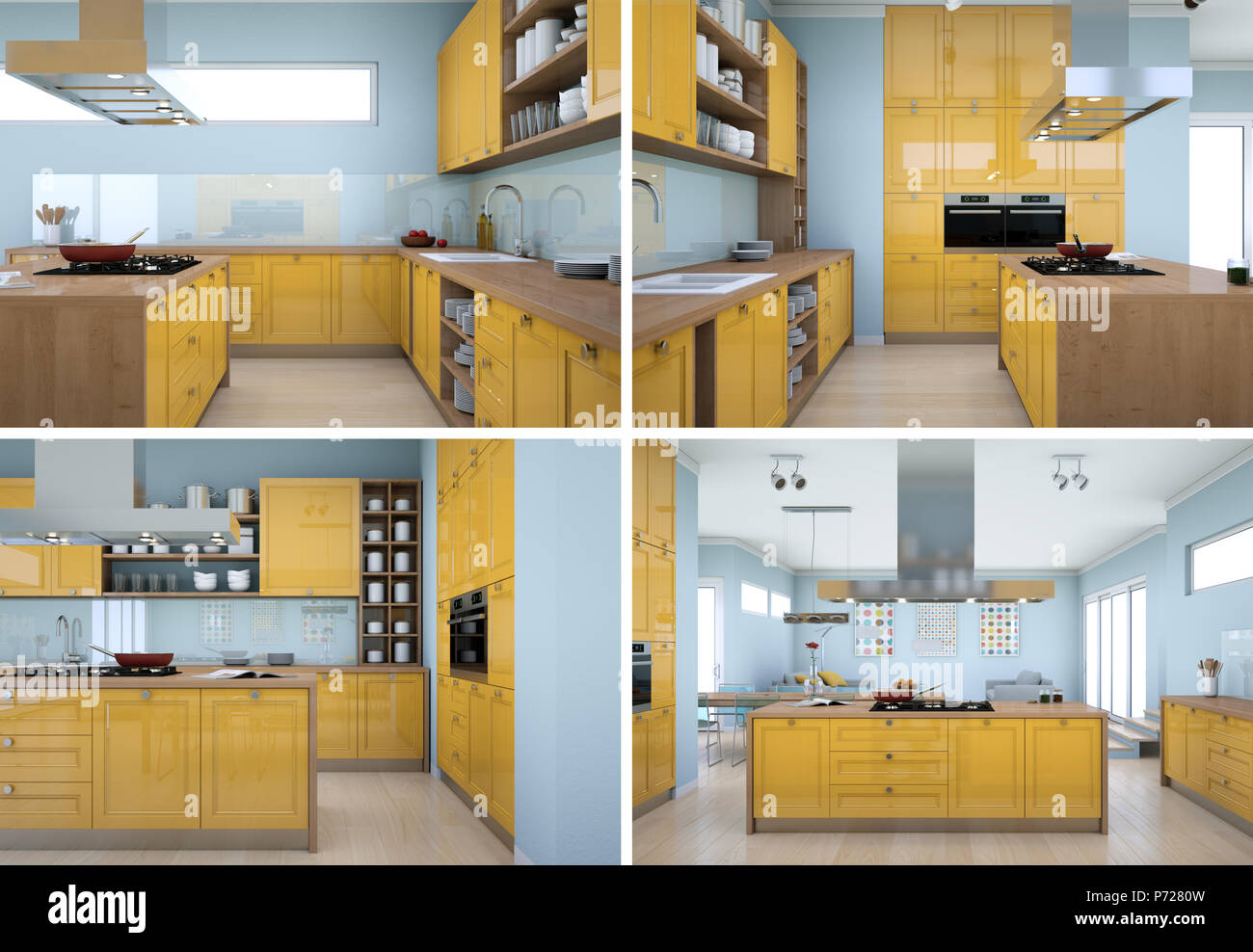four views of modern kitchen with a beautiful design Stock Photo - Alamy