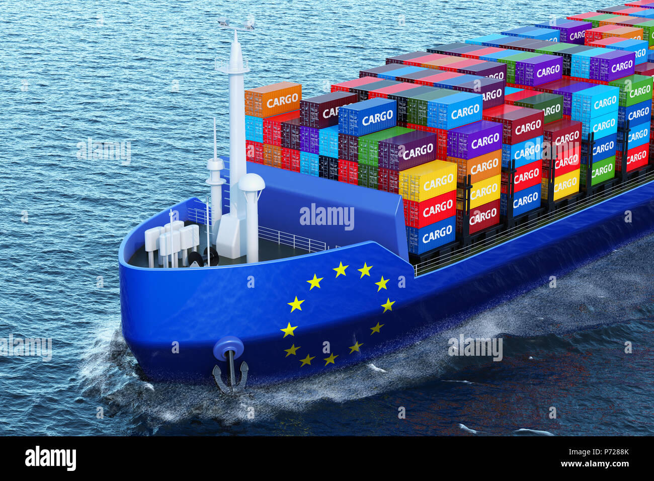 The European Union freighter ship with cargo containers sailing in ...