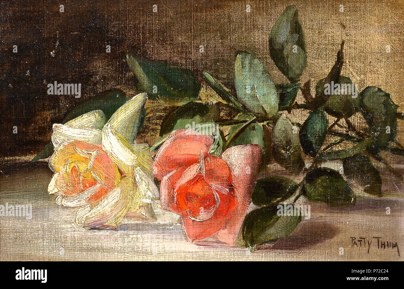 English: Still Life with Two Roses by Patty Prather Thum, 1870, oil on ...