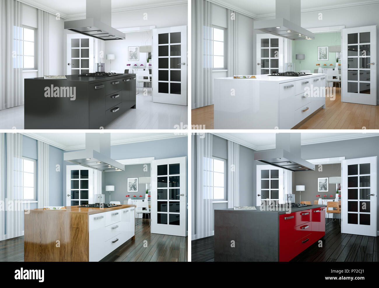 four color variations of modern kitchen with a beautiful design Stock ...