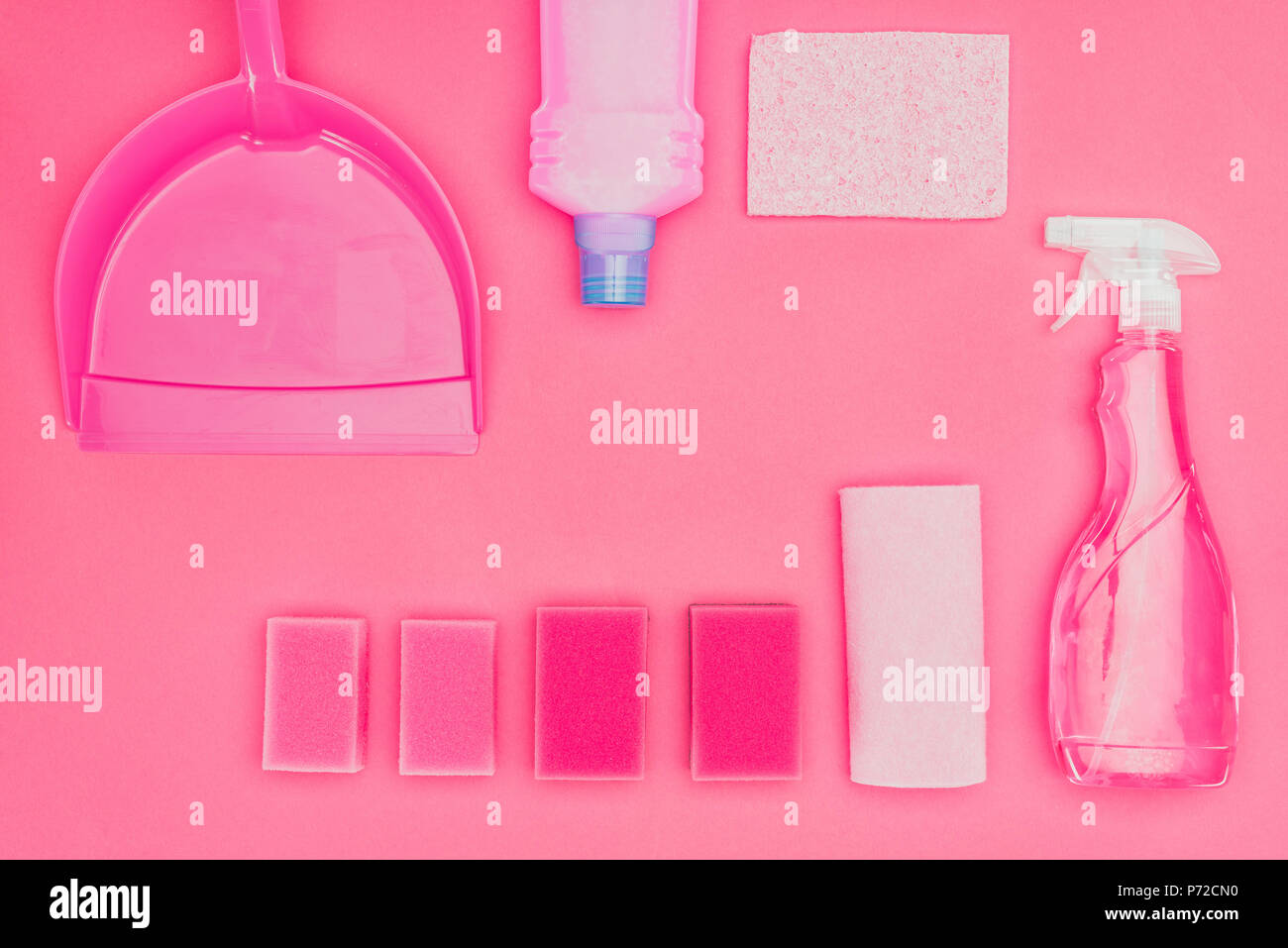 top view of washing sponges and cleaning fluids isolated on pink Stock ...